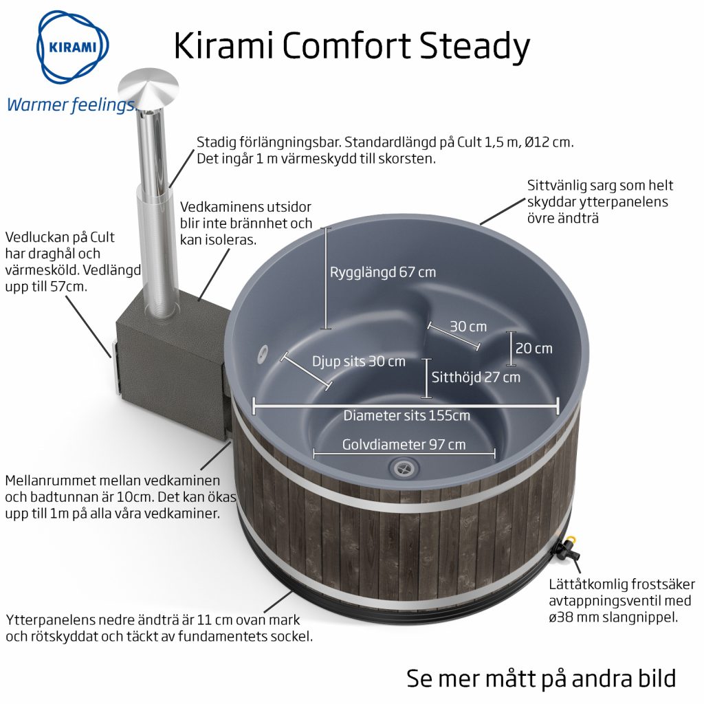 Hybrid badtunna ved- & eluppvärmd. Kirami Steady M 2 lock - Badbaljan