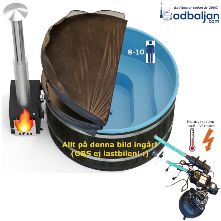 Hybrid badtunna med ved och el uppvärmd, reningssystem och UV ljus.